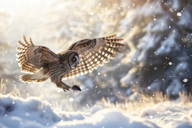 An Owl Swooping Down on a Mouse in a Snowy Forest, Capturing a Dramatic ...