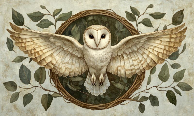 An Owl with Symmetrical Wings Stretched into Leafy Branches that Gently ...