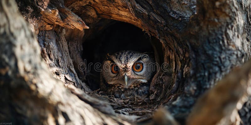 Owl in tree hollow stock image. Image of bird, nature - 373222365
