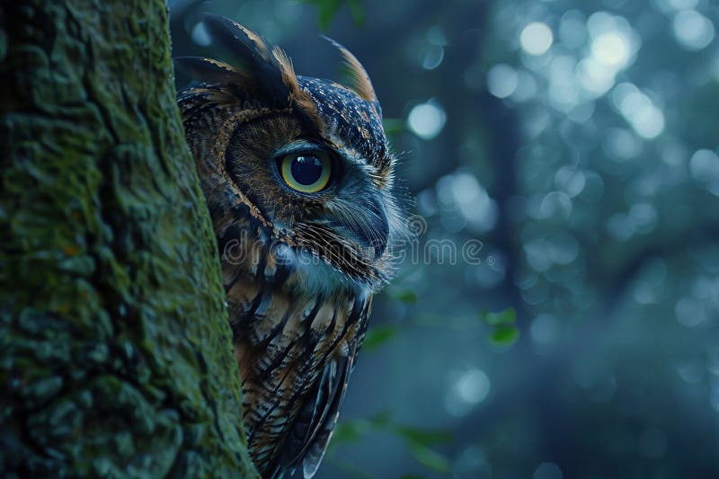 Owl in the Tree in the Night. Full Moon in the Background. Generative ...