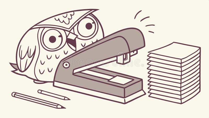 Owl Using a Stapler on Papers, Representing Office Work Tasks Vector ...