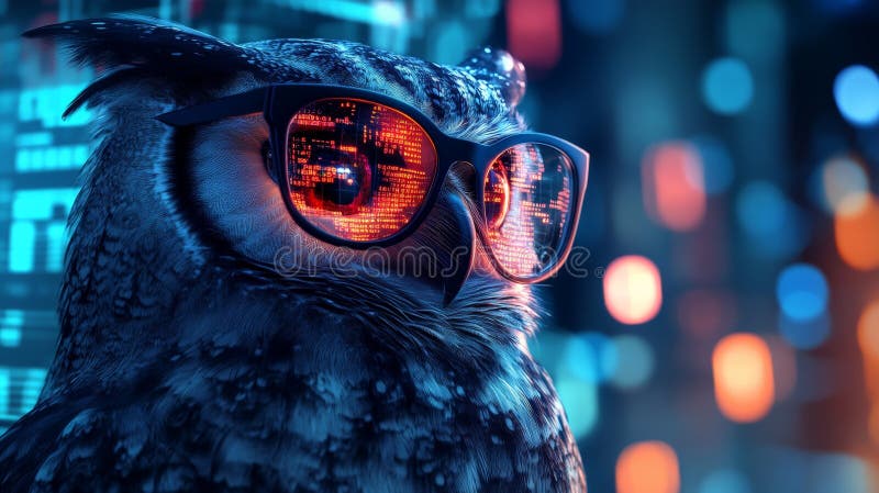 Owl Wearing Glasses Reflecting Computer Code in Futuristic City Stock Image - Image of ...
