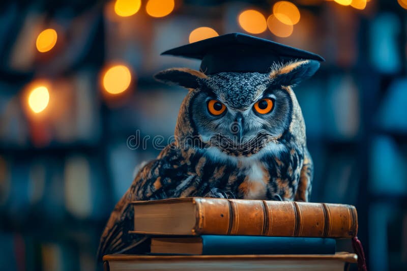 An Owl Wearing a Graduation Cap Sitting on Top of a Stack of Books ...
