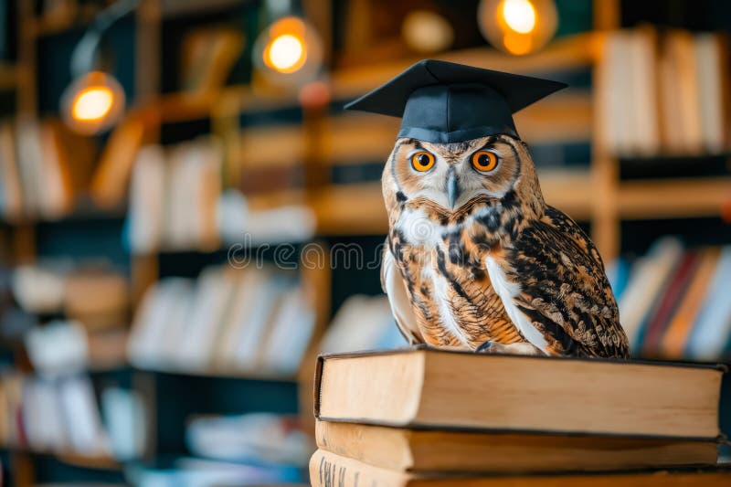 An Owl Wearing a Graduation Cap Sitting on Top of a Stack of Books ...