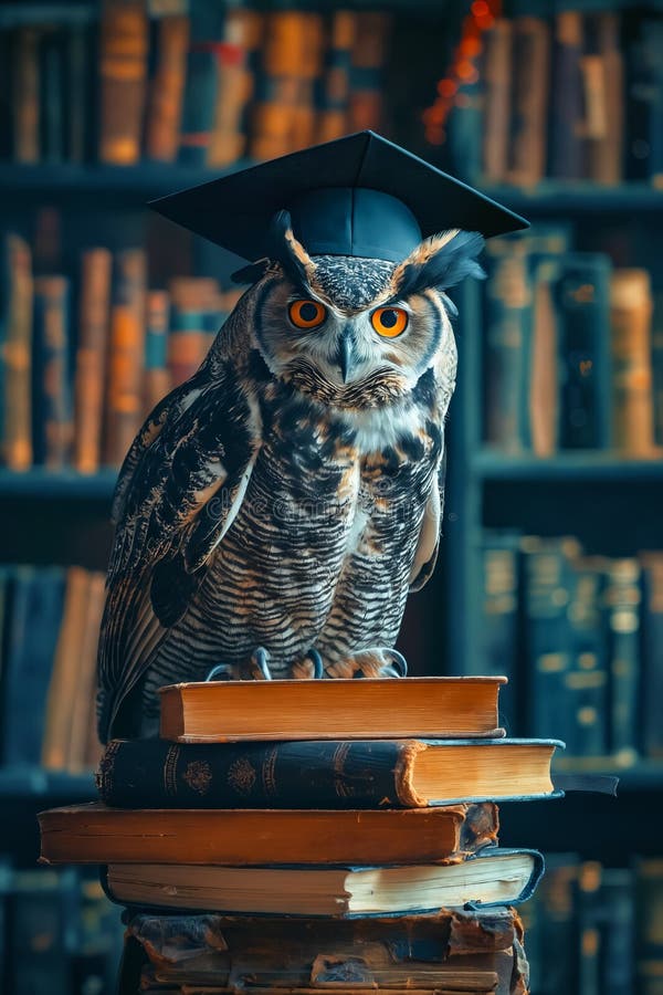 An Owl Wearing a Graduation Cap Sitting on Top of a Stack of Books ...