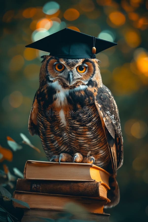 An Owl Wearing a Graduation Cap Sitting on Top of a Stack of Books ...