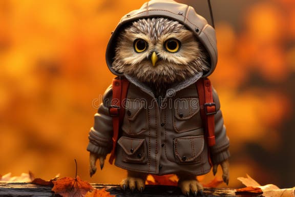 An Owl Wearing a Jacket and Backpack on a Log Stock Illustration ...
