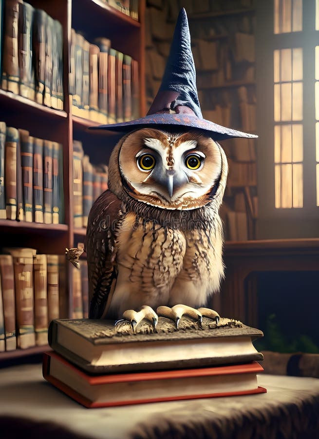 An Owl Wearing a Tiny Wizard Hat, Sitting Atop a Stack of Old Books in ...