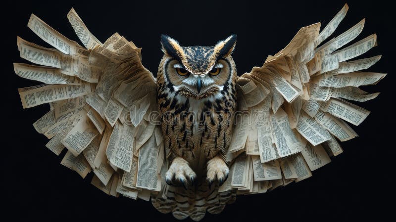Owl with Wings of Books in a Dramatic Pose Stock Photo - Image of ...