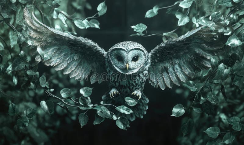 An Owl with Wings Stretched, Evolving into Swirling Vines with Small ...