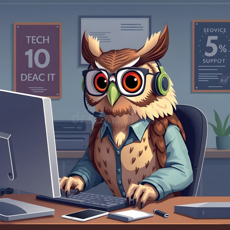 An Owl Working at a Computer Desk in a Modern Office Setting Stock ...