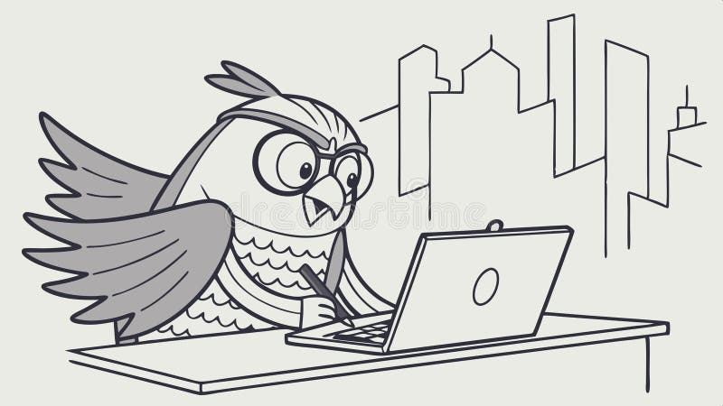 Owl Working on Laptop, Symbolizing Technology, Wisdom, and Work Vector ...