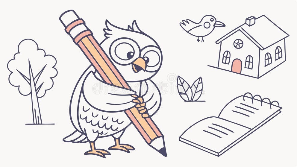 Owl Writing with a Large Pencil on a Notebook Learning Education Vector ...