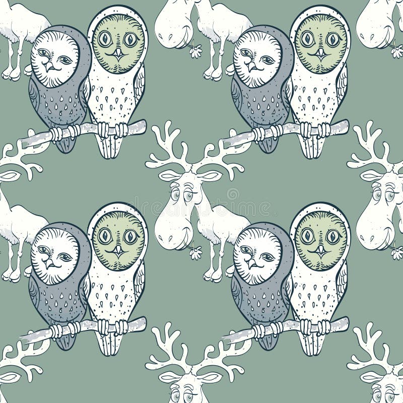 Owls and Elk Seamless Pattern Stock Vector - Illustration of decorative ...
