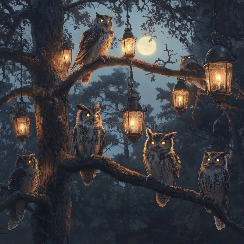 Owls Gathered on a Branch Under the Forest S Moonlight Stock Photo ...