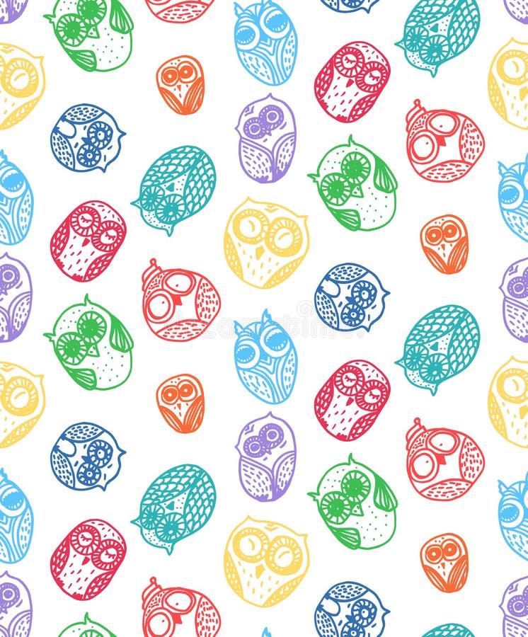 Owls Hand Drawn Seamless Pattern Stock Illustration - Illustration of ...