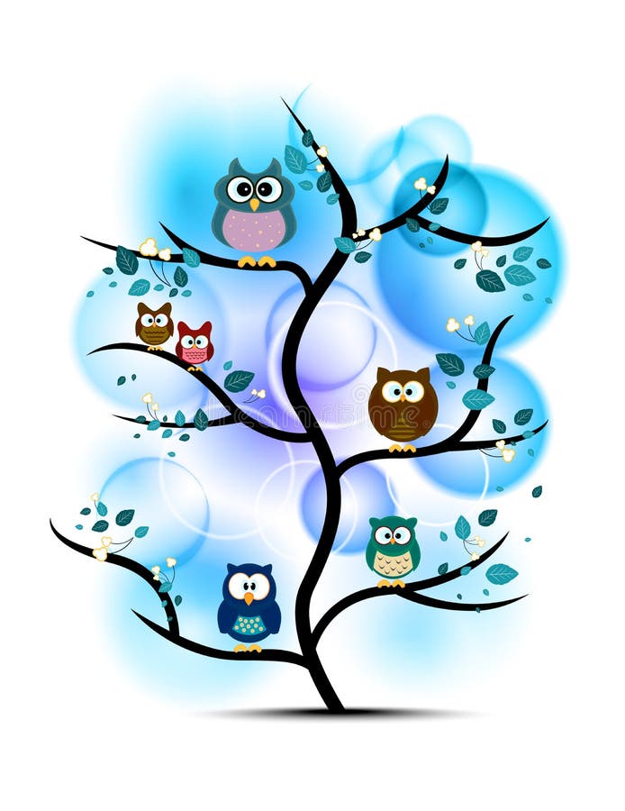 Owls in a Tree stock vector. Illustration of flower, eyes - 13378886
