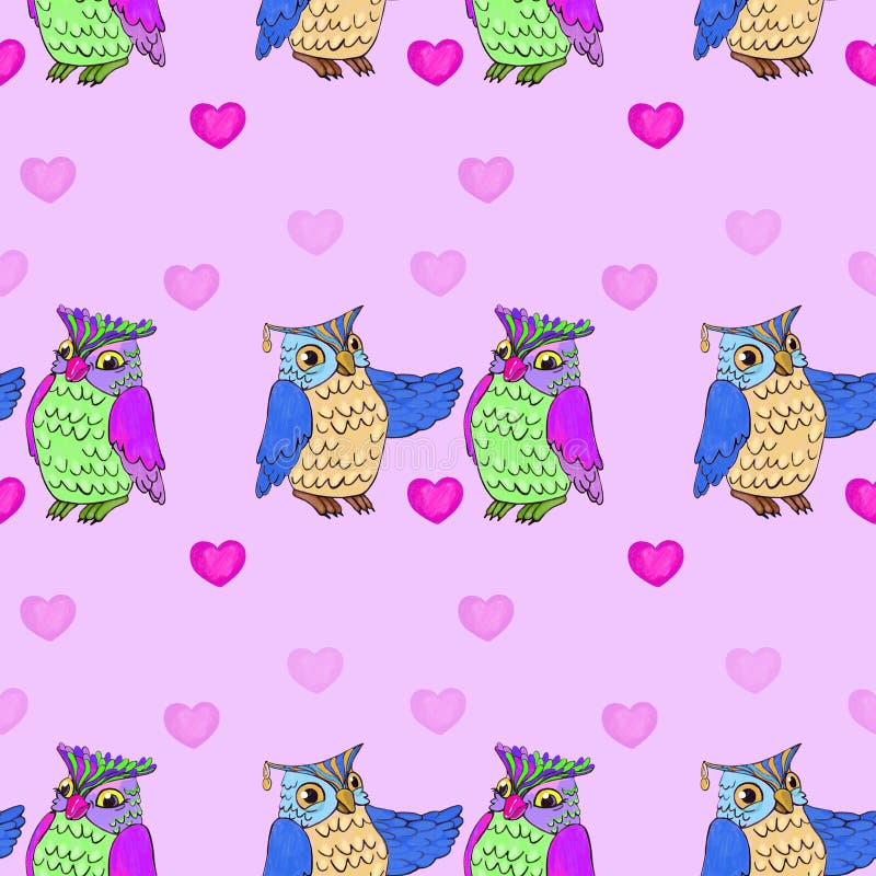 Owls on pink seamless stock illustration. Illustration of seamlessly ...