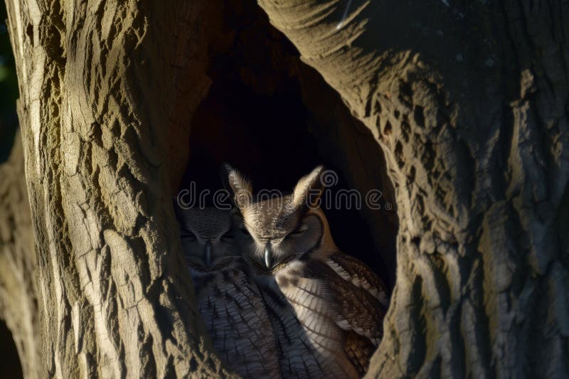 Owls Roosting in a Shadowy Tree Hollow Stock Image - Image of generated ...