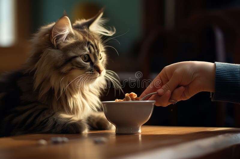 Owner Feeding Cute Cat at Table. Generate Ai Stock Photo - Image of ...