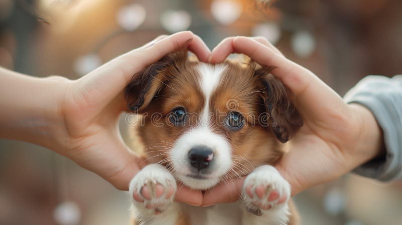 The Owner Makes a Heart on the Puppy S Face Dog with Her Hands Stock ...