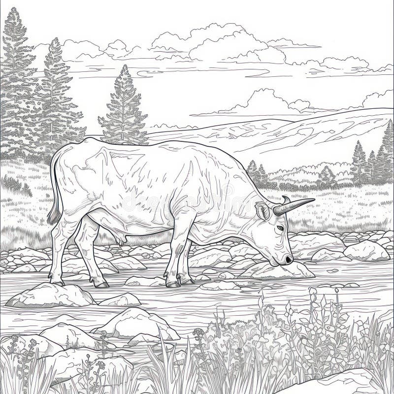 Ox Drawing Coloring Book Page Stock Illustration - Illustration of ...