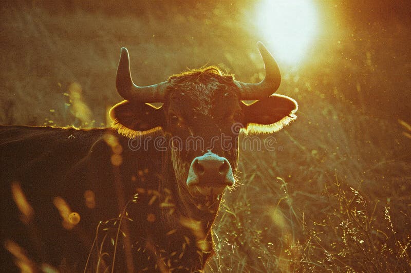 An Ox Standing Behind a Field and in Front of a Light Stock ...