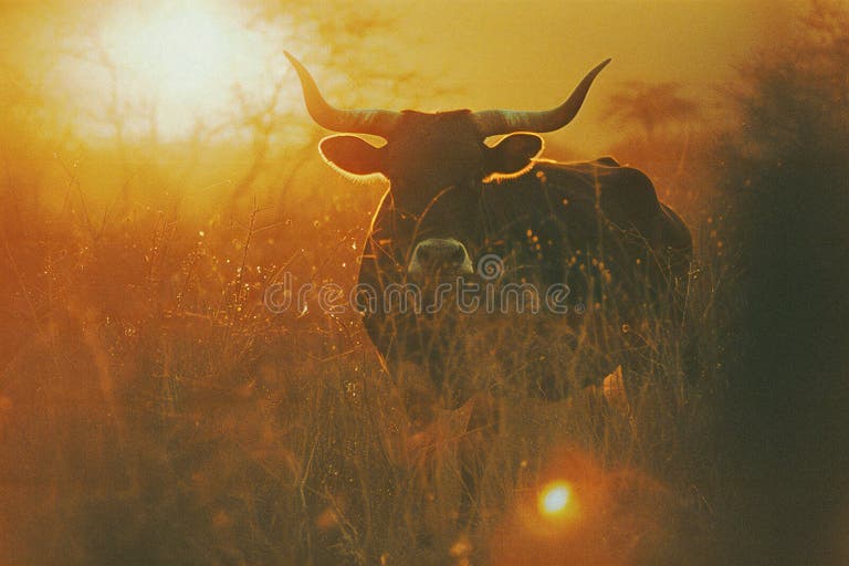 An Ox Standing Behind a Field and in Front of a Light Stock ...