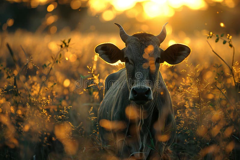 An Ox Standing Behind a Field and in Front of a Light Stock ...