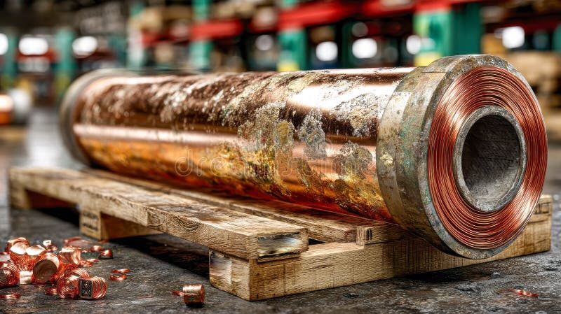 Oxidized Copper Coil Resting on a Pallet in a Factory Setting ...