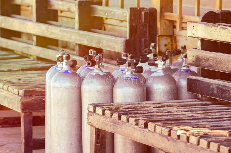 Oxygen Scuba Diving Cylinders Near the Beach Stock Photo - Image of ...