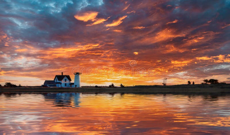 Stage Harbor Lighthouse at Chatham, Cape Cod Reflection Stock Photo ...