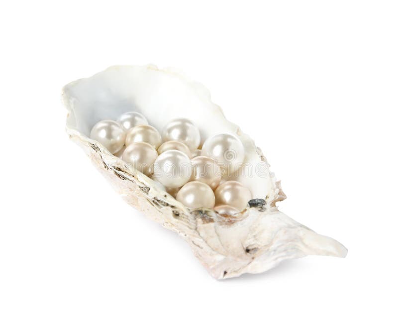 Oyster Shell with Different Pearls on White Background Stock Photo ...