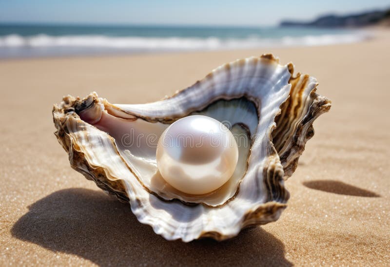Oyster Shell with Pearl Inside on a Sandy Beach. Generative AI Stock ...