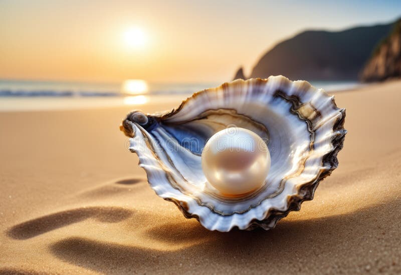Oyster Shell with Pearl Inside on a Sandy Beach. Generative AI Stock ...