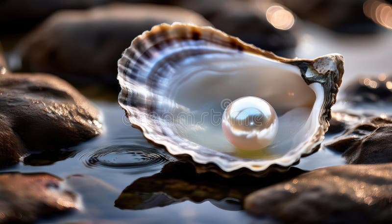 Oyster Shell in Water Holding a Pearl with a Reflective Surface Stock ...