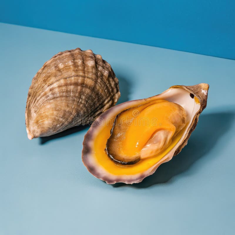 Oyster Shells Displayed on a Blue Surface Showing a Half-Opened Shell ...