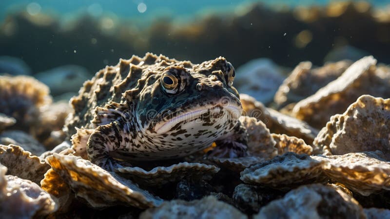 Sunlit Scene: Oyster Toad Fish Camouflaged among Shells on the Ocean ...