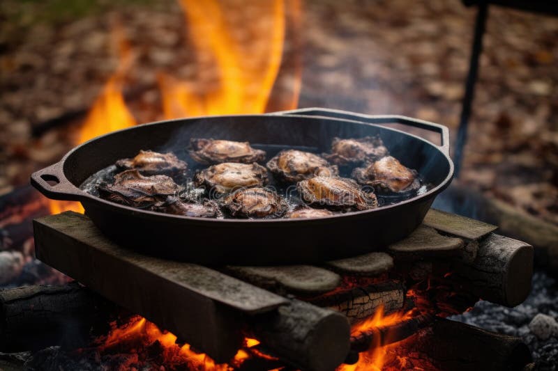 Oysters in a Cast Iron Pan Sizzling on Open Fire Stock Illustration ...