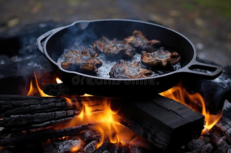 Oysters in a Cast Iron Pan Sizzling Over Campfire Coals Stock ...