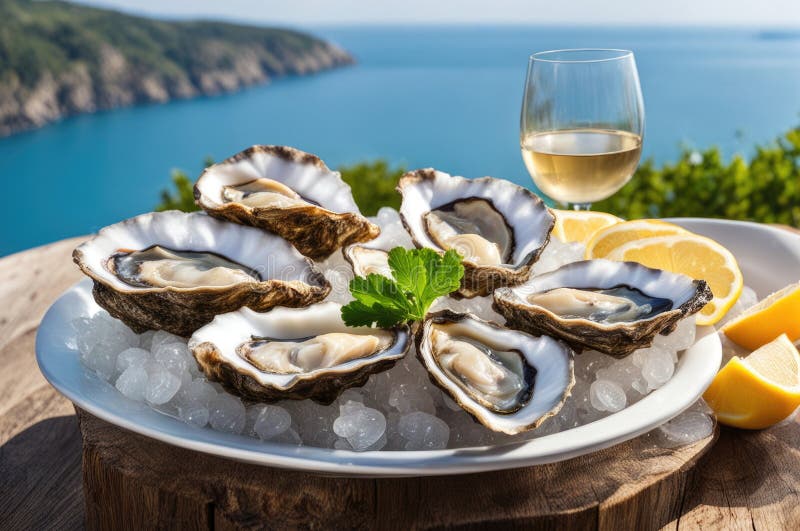 Oysters on Half Shell with Ice and Lemon by the Seaside Stock Photo ...