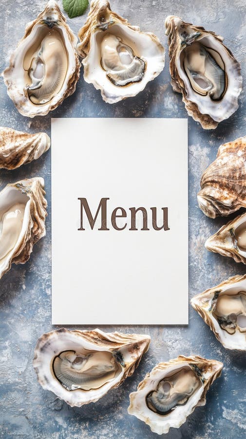 Oysters and Menu Displayed on Rustic Table with Fresh Seafood ...