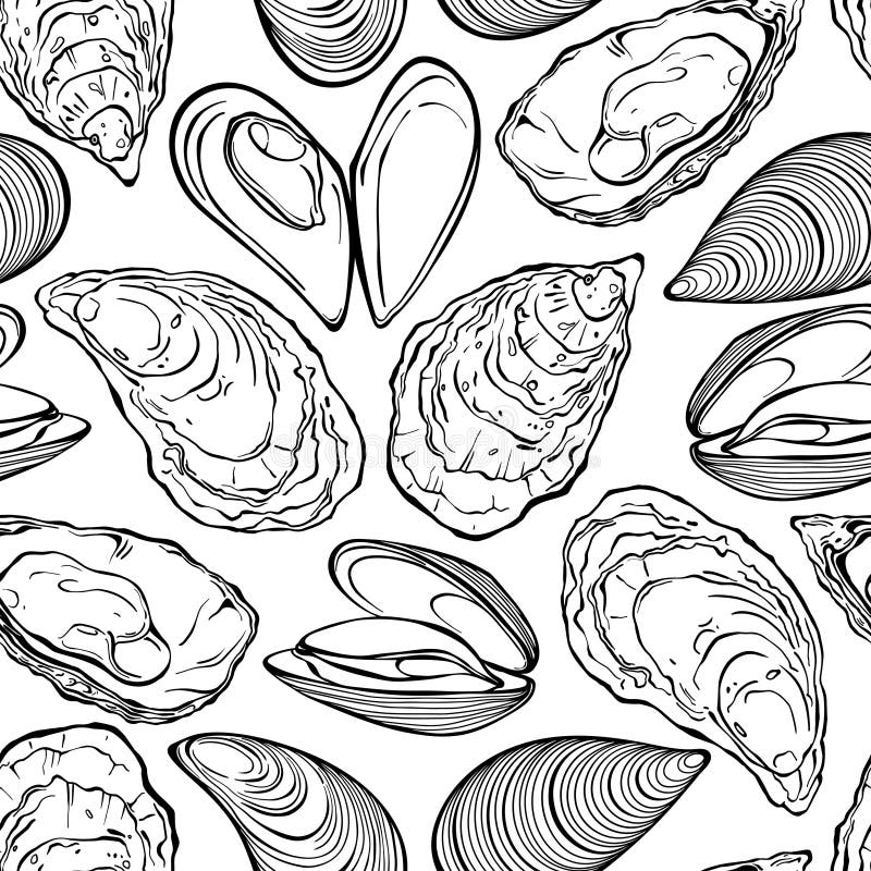 Oysters and Mussels. Vector Seamless Background Patterns on White. Food ...