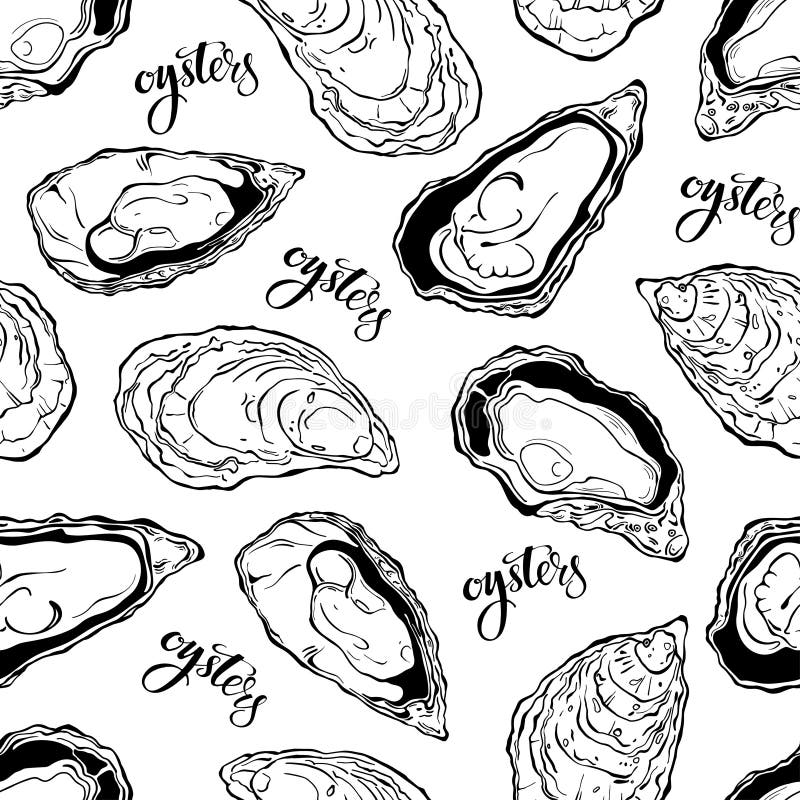 Oysters Seamless Pattern on White. Vector. Black and White. Perfect for ...