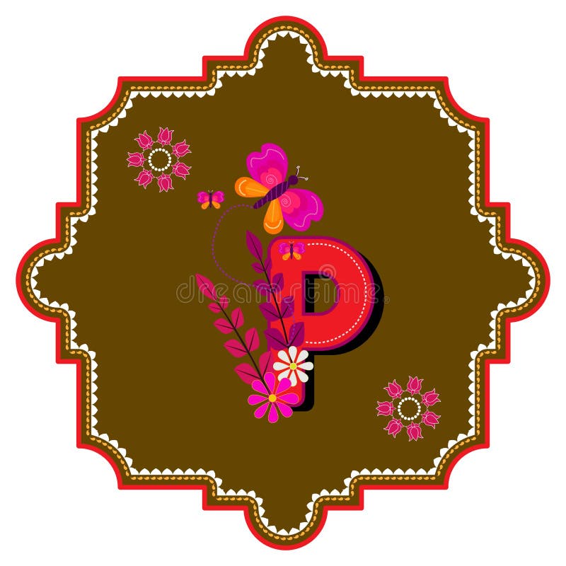 Letter P. Alphabet P Sticker. Floral Type with Butterflies. Lotus and ...