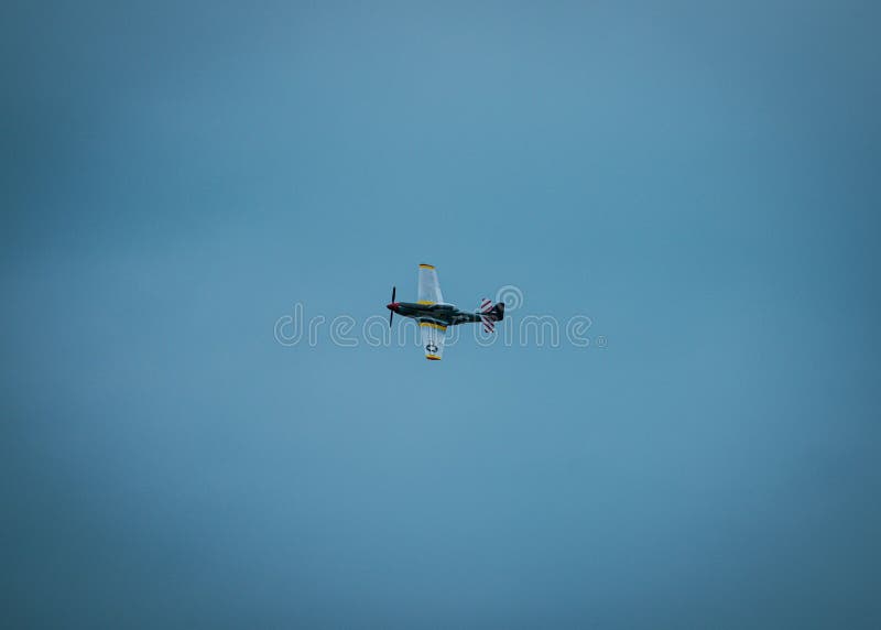 P-51 American Mustang Propeller Plane Flying on a Blue Sky Background ...