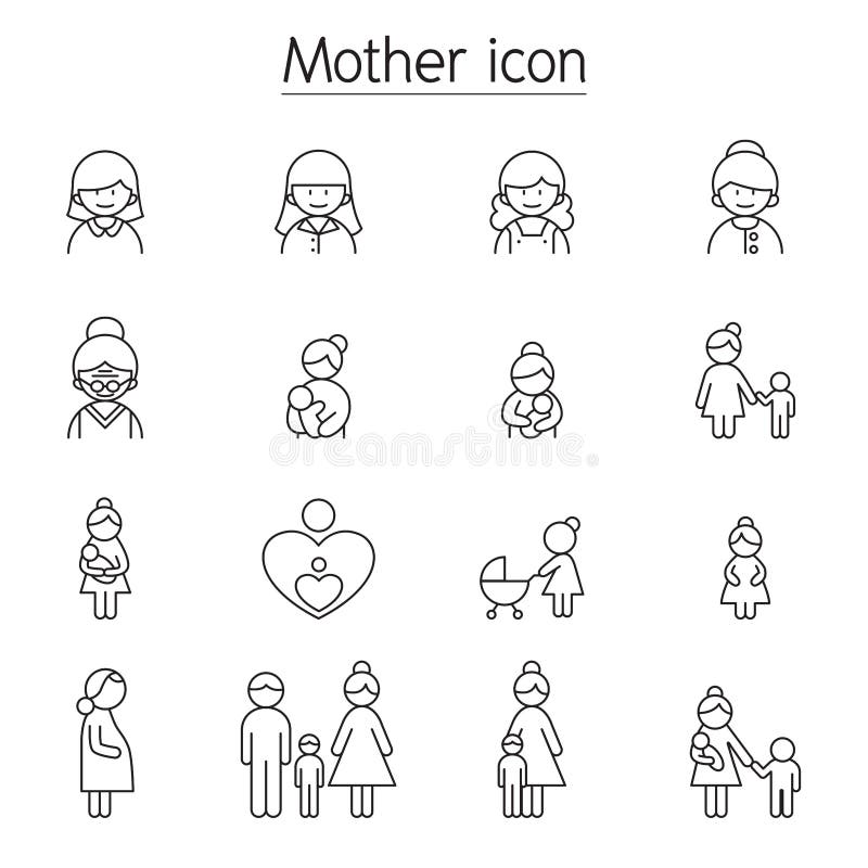 Mother, Mum Icon Set in Thin Line Style Stock Vector - Illustration of ...