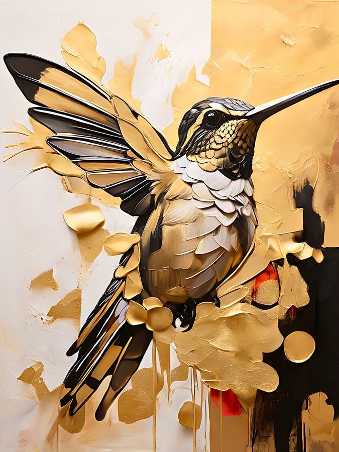 Hummingbird Flying on Gold Abstract Background, Rough Acrylic Strokes ...
