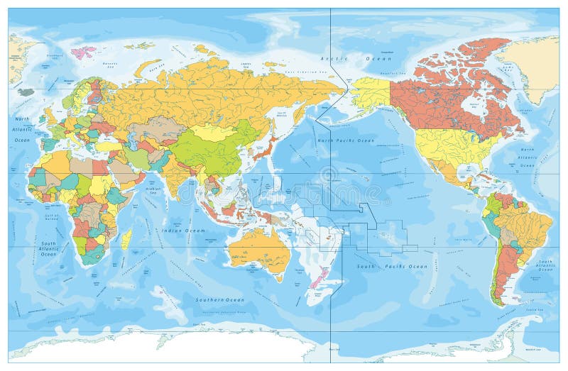 Pacific Centered World Colored Map and Water Bathymetry with Nam Stock ...