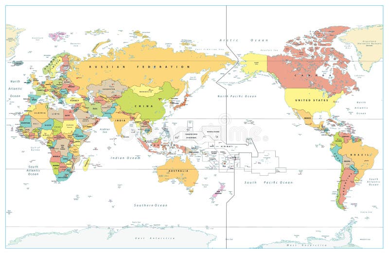 Pacific Centred World Colored Map Isolated on White. No Text Stock ...